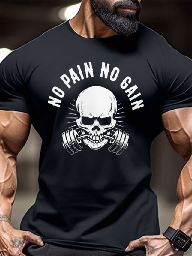 Men's No Pain No Gain Gym T-Shirt | Motivational Skull Graphic Workout ...