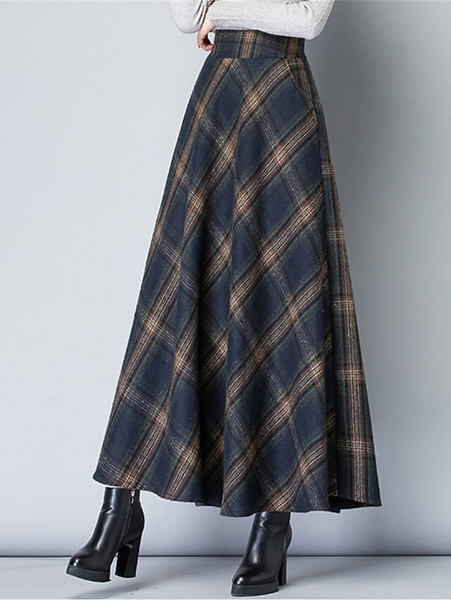 Women's A Line Plaid Skirt Maxi High Waist Skirts Pocket Long Color ...