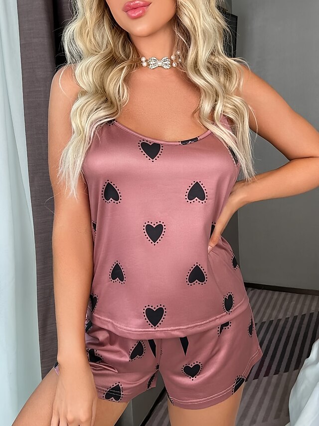 Womens Heart Print Pajamas Valentines Day Lounge Sets Cami Top And