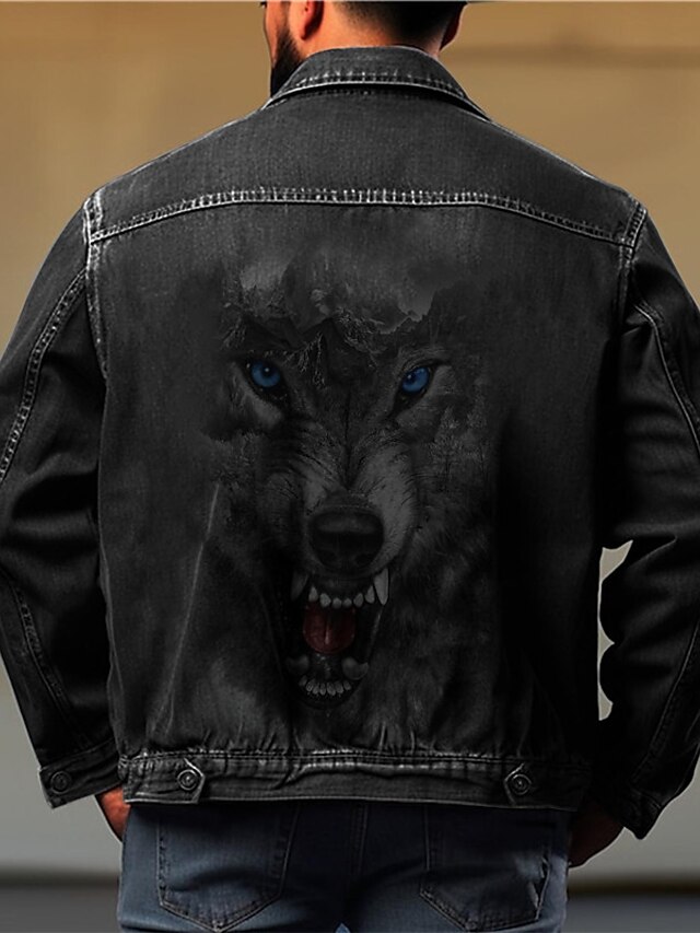 Men's Animal Wolf Coat Jean Jacket Denim Jacket Comfortable Breathable ...