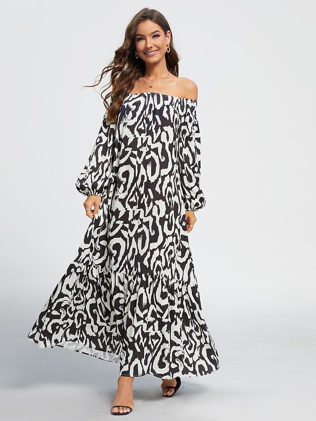Dames Casual jurk Zomerjurk Jurk met print Lange jurk maxi-jurk Zwart Lange mouw Kleurenblok ...