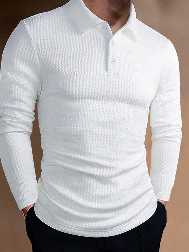 Men's Button Up Polos Textured Casual Sports Lapel Long Sleeve Fashion ...