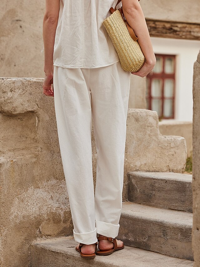 55% Linen Women's Pants White Pocket Linen Slacks Basic Breathable ...