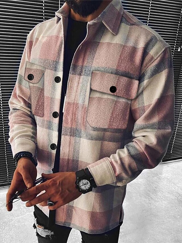 Men's Plaid Geometric Pattern Shirt Jacket Overshirt Long Sleeve ...