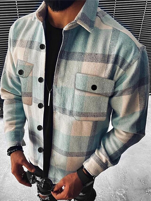 Men's Plaid Geometric Pattern Shirt Jacket Overshirt Long Sleeve ...