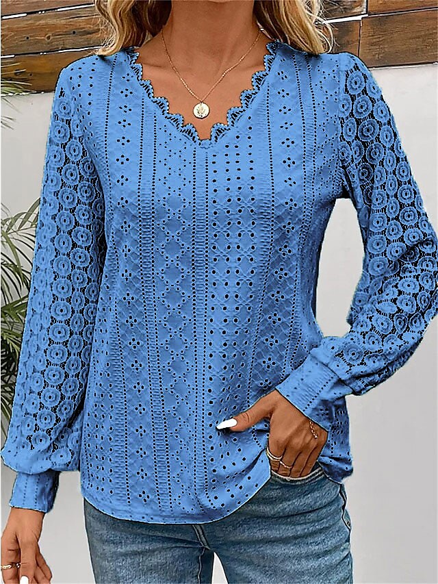 Womens Shirt Blouse Lace Patchwork Casual Fashion Long Sleeve V Neck