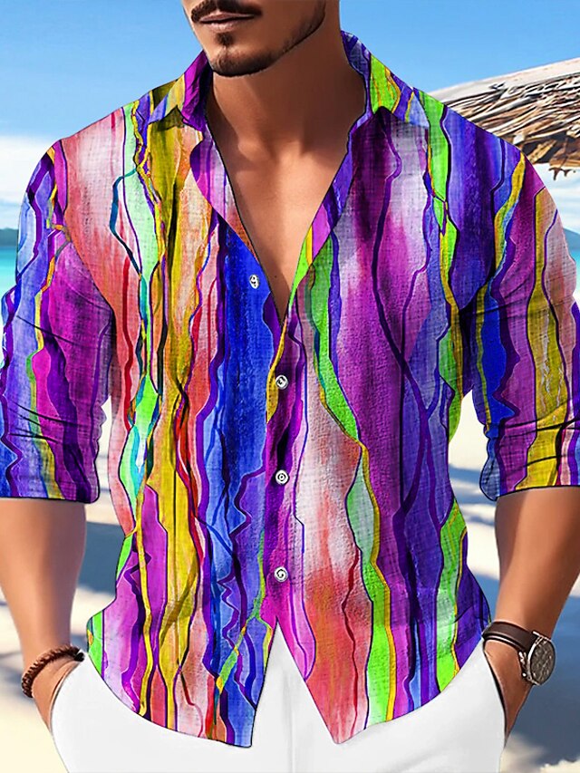 Men's Color Block Gradient Geometric Pattern Shirt Button Up Shirt Long ...