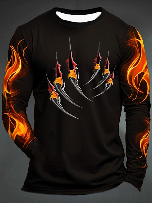 Men's Graphic Hellfire Flames Flame Paw T Shirt Long Sleeve T shirt 3D ...