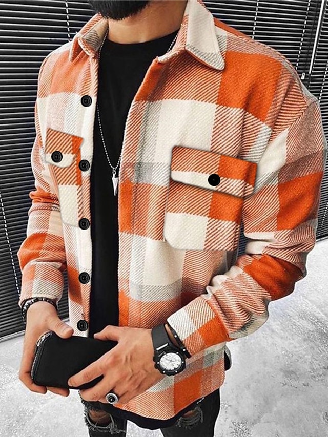 Men's Plaid Geometric Pattern Shirt Jacket Overshirt Long Sleeve ...
