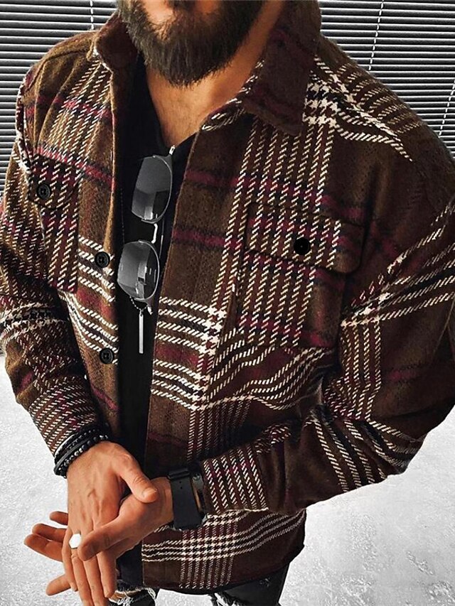 Men's Plaid Geometric Pattern Shirt Jacket Overshirt Long Sleeve ...