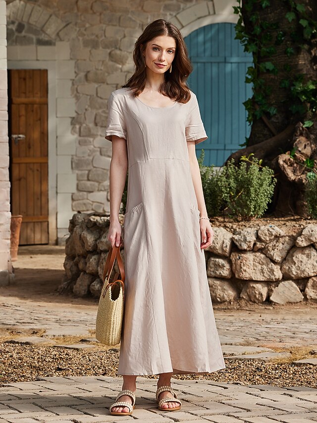 55% lino vestido de lino para mujer casual monocolor casual bolsillo tripulación transpirable ...