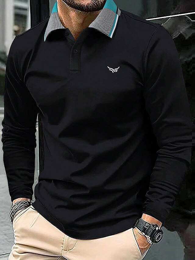 Men's Polo Shirt Button Up Polos Casual Sports Lapel Long Sleeve Fashion Basic Color Block ...
