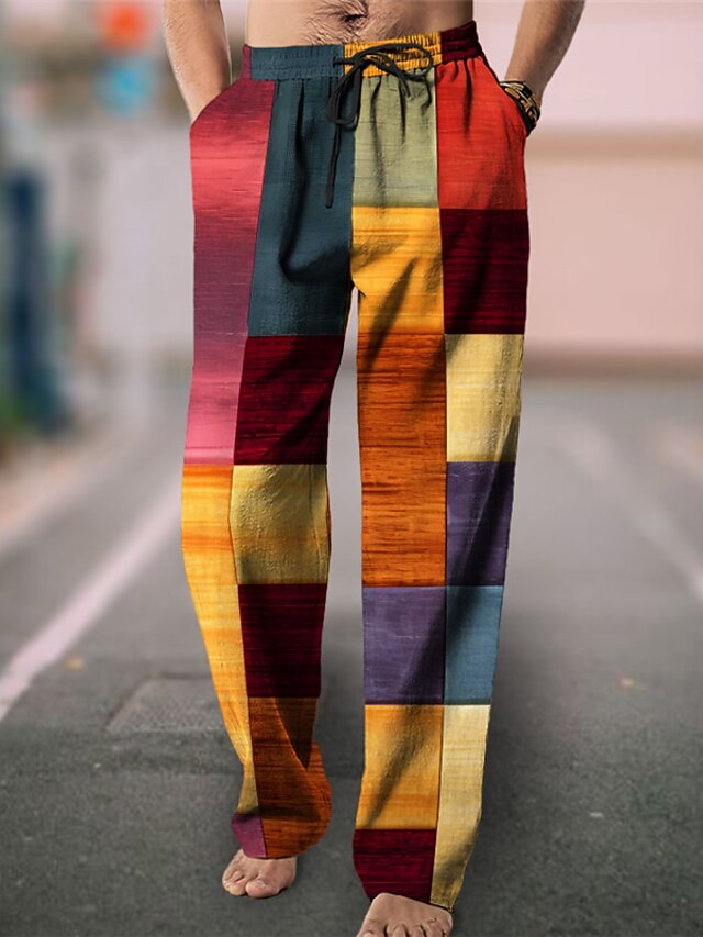 Color Block Geometry Casual Men's 3D Print Linen Pants Pants Trousers ...