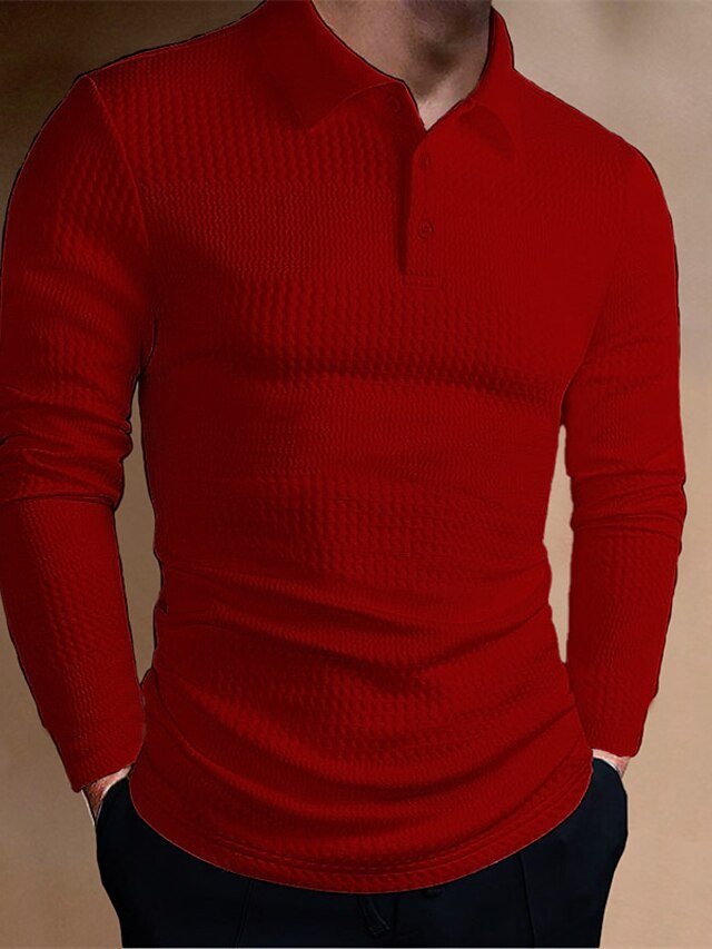 Men's Button Up Polos Textured Casual Sports Lapel Long Sleeve Fashion ...