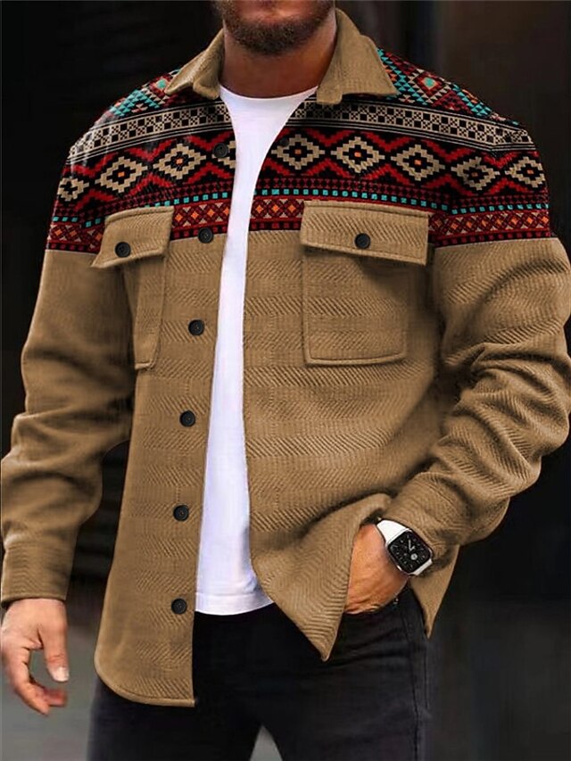Men's Tribal Geometry Bandana Print Shirt Shirt Jacket Long Sleeve ...