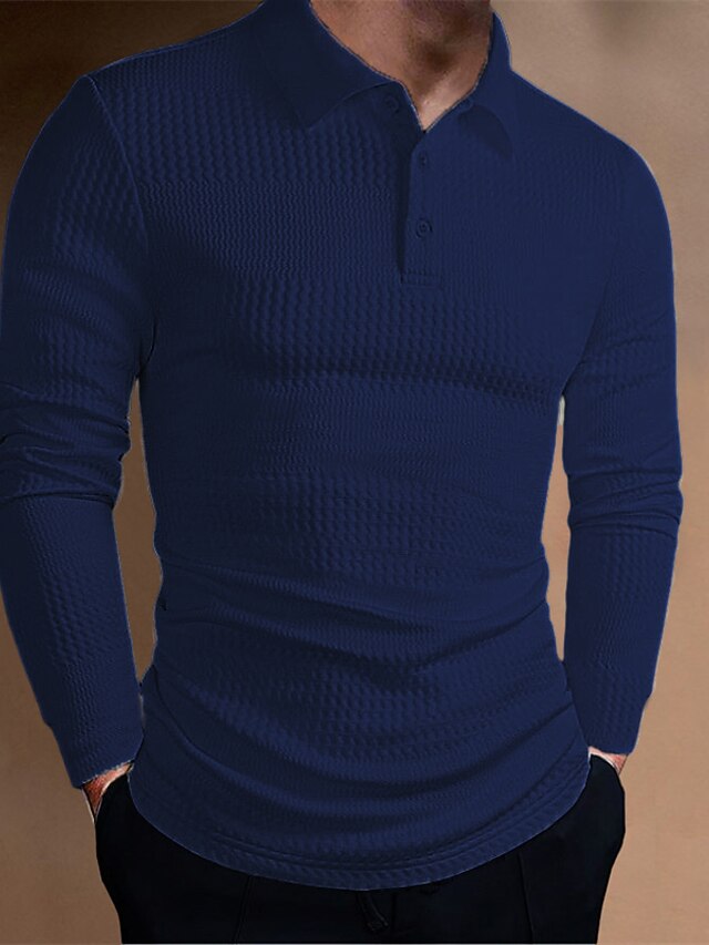 Men's Button Up Polos Textured Casual Sports Lapel Long Sleeve Fashion ...