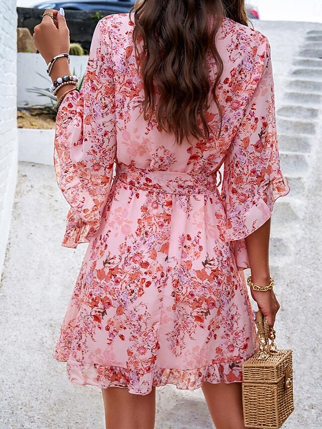 dames casual jurk bloemen kant print v hals mini jurk boho vakantie 3/4 lengte mouw zomer 2025 ...