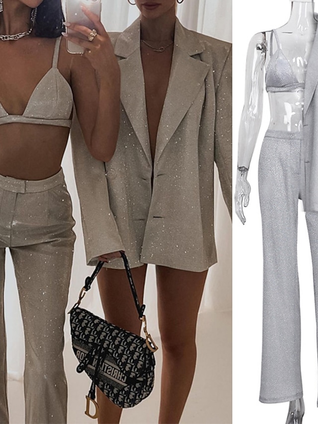 Set with Shiny Metallic Blazer Bra Straight Leg Pants 3 PCS Disco 1980s ...