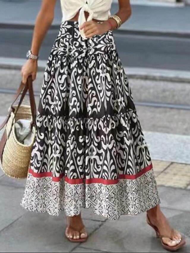 Women's Skirt A Line Swing Bohemia Maxi High Waist Skirts Ruffle Floral ...