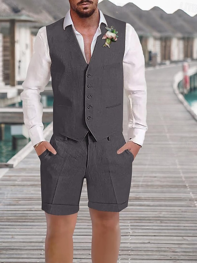 Champagne Sky Blue Beige Men's Linen Suits Wedding Shorts Waistcoat ...