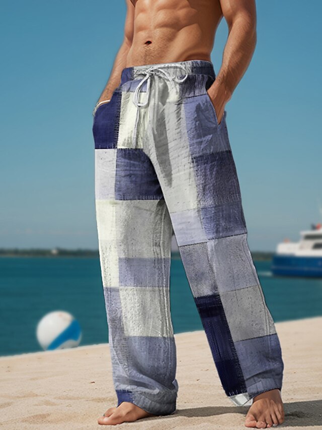 Plaid Color Block Men's Resort 3D Printed Casual Pants Trousers Elastic ...