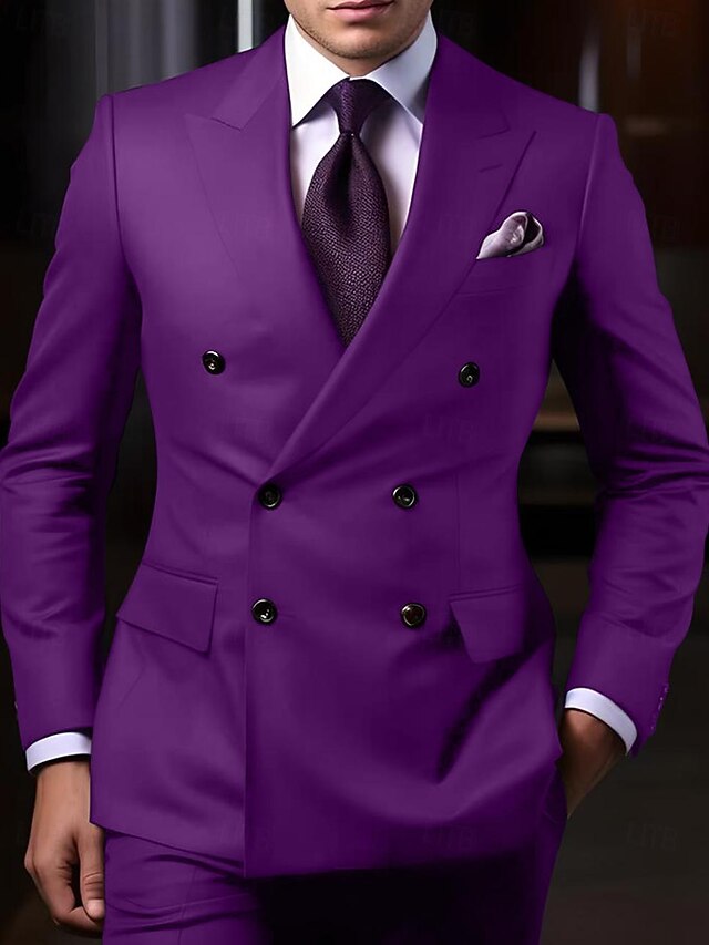 Purple Men's Wedding Suits 2 Piece Solid Colored Tailored Fit Double Breasted Six-buttons 2024 ...