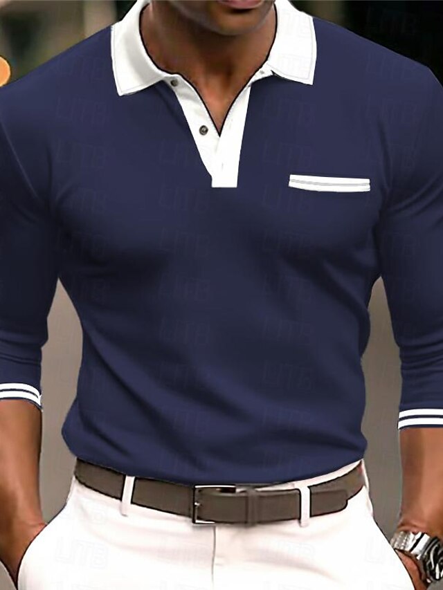 Men's Polo Shirt Button Up Polos Casual Holiday Lapel Long Sleeve ...
