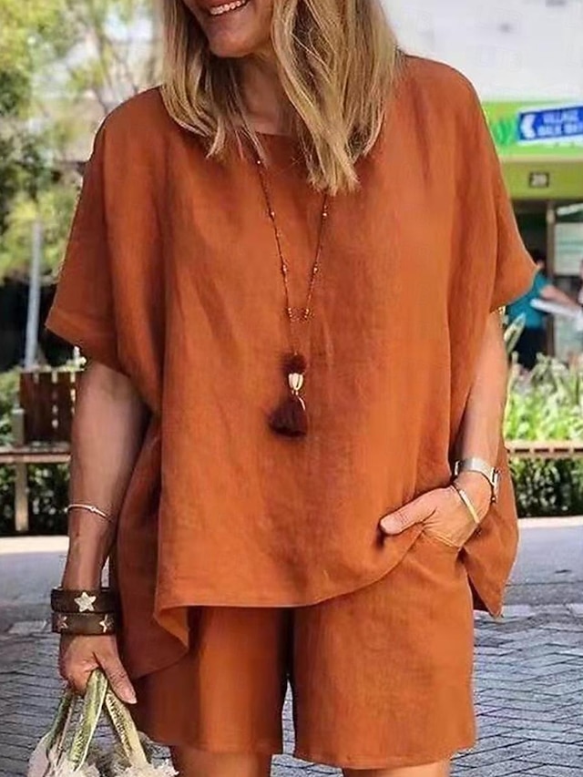 Femmes Simple Basique Ensembles en coton et lin Ensembles deux pièces T ...