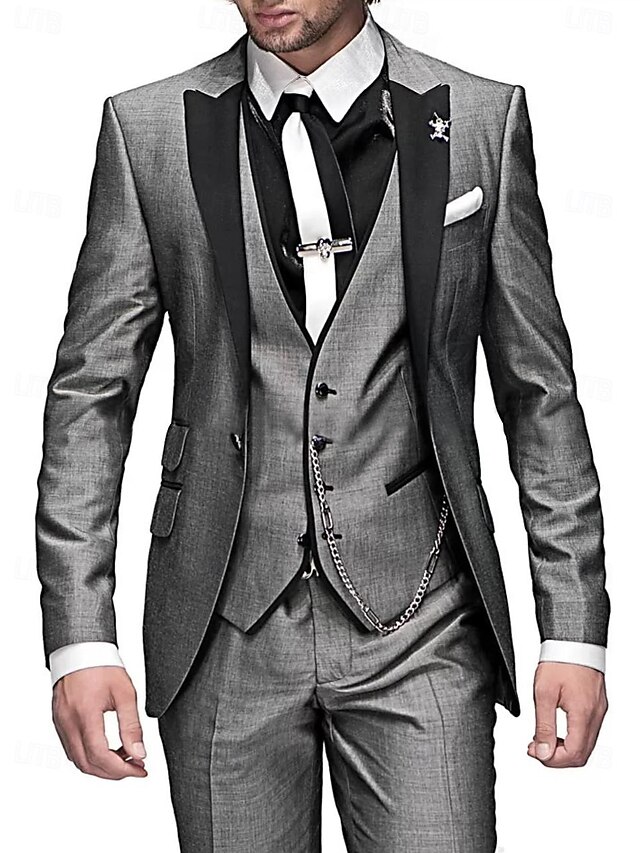 Burgundy Gray Men's Prom Suits Wedding Party Suits Solid Colored 3 ...