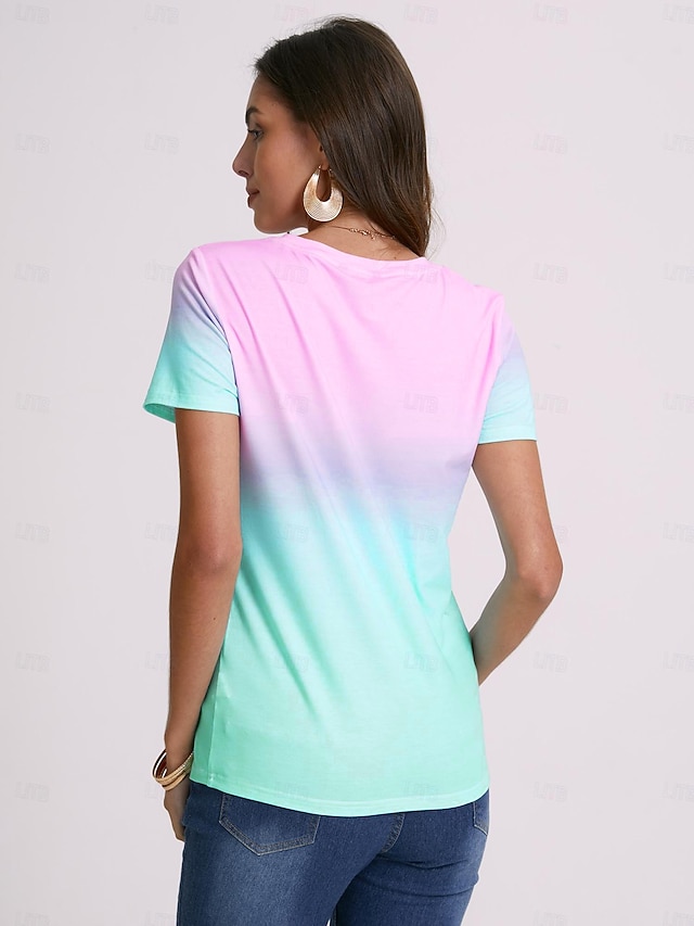 Women's T Shirt Print Ombre Color Gradient Fashion Short Sleeve Round ...