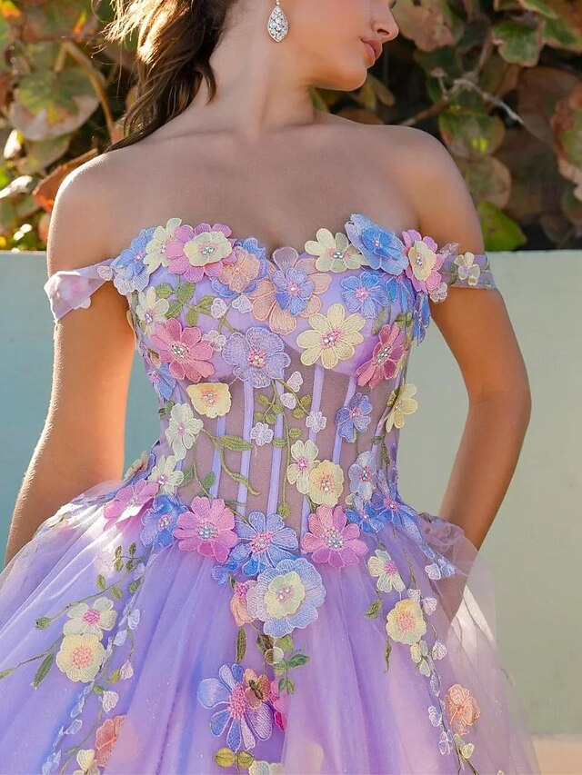 Floral Ball Gown A-Line Prom Blue Purple Dresses Elegant Dress Formal ...