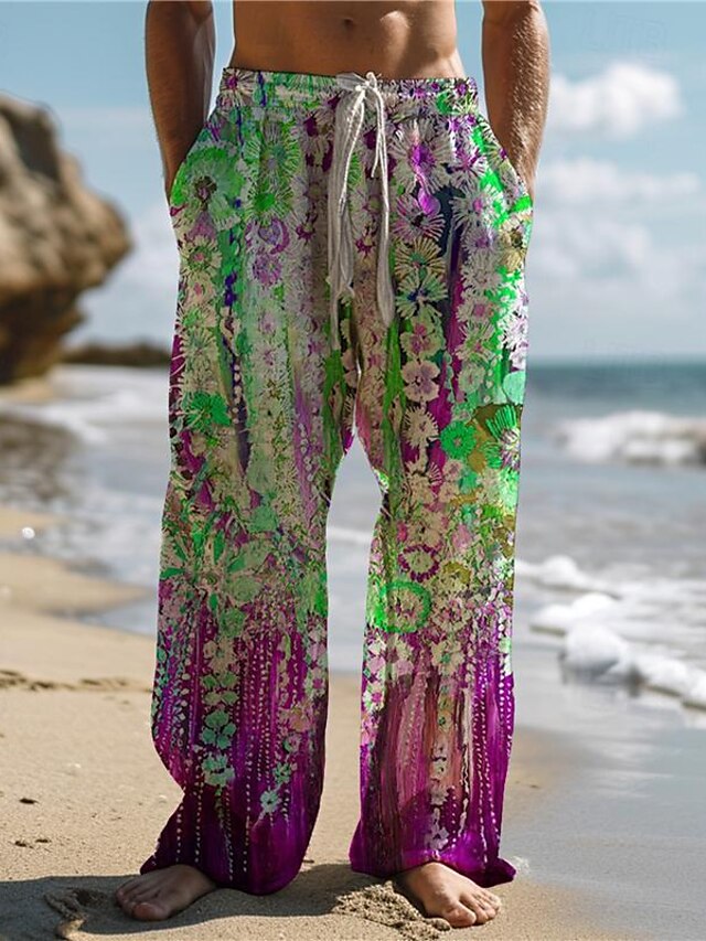 Mens Hawaiian Floral Pants 3d Print Straight Leg Trousers Mid Waist