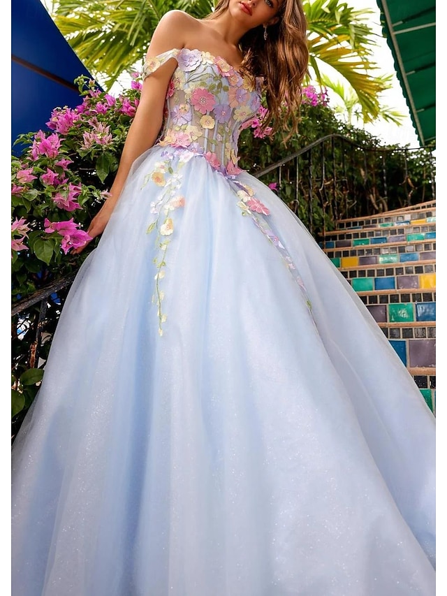 Floral Ball Gown A-Line Prom Blue Purple Dresses Elegant Dress Formal ...