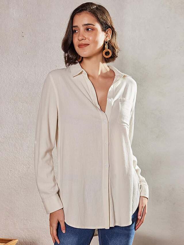 Women's Shirt Blouse Cotton Button Pocket Work Daily Solid Basic Long ...