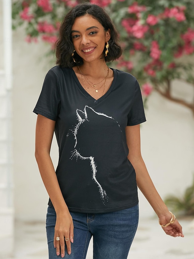 Women's T shirt Tee Black Graphic Cat Print Short Sleeve Daily Weekend ...