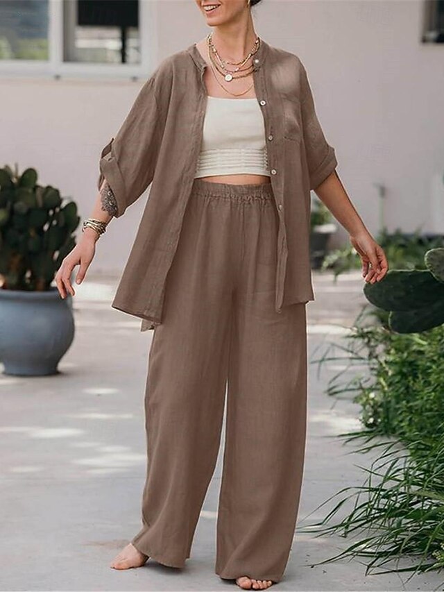 Women's Basic Shirt Two Piece Sets Pants Sets Wide Leg Pants Trousers ...