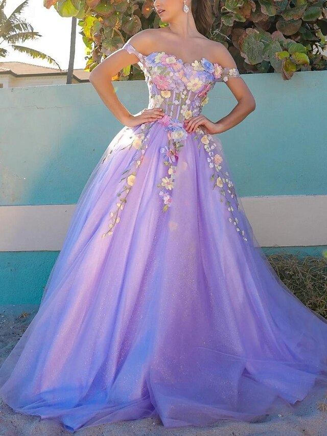 Floral Ball Gown A-Line Prom Blue Purple Dresses Elegant Dress Formal ...