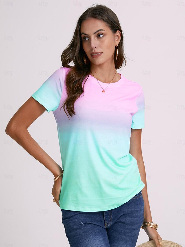 Women's T Shirt Fashion Ombre Color Gradient Regular Tops Short Sleeve ...