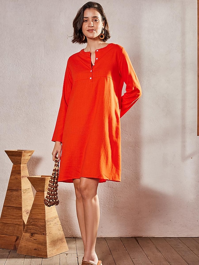 Women's Orange Linen Dress 55% Linen Breathable Long Sleeve Mini Summer ...