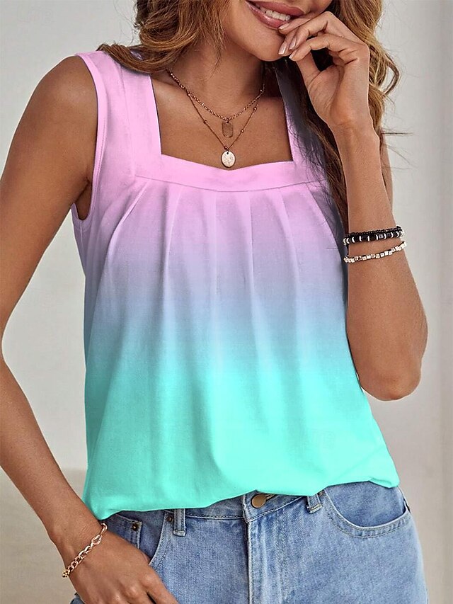 Womens Tank Top Gradient Daily Print Sleeveless Fashion Square Neck