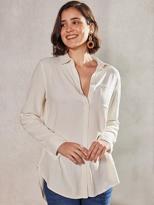 Women's Shirt Blouse Cotton Button Pocket Work Daily Solid Basic Long ...