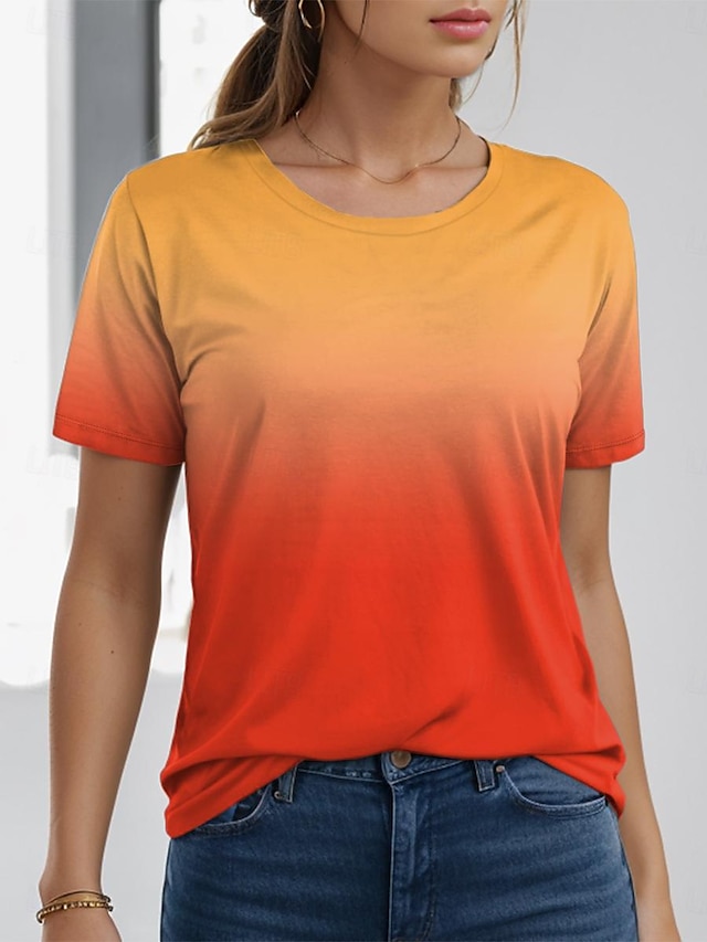Women's T Shirt Ombre Color Gradient Fashion Short Sleeve Round Neck ...