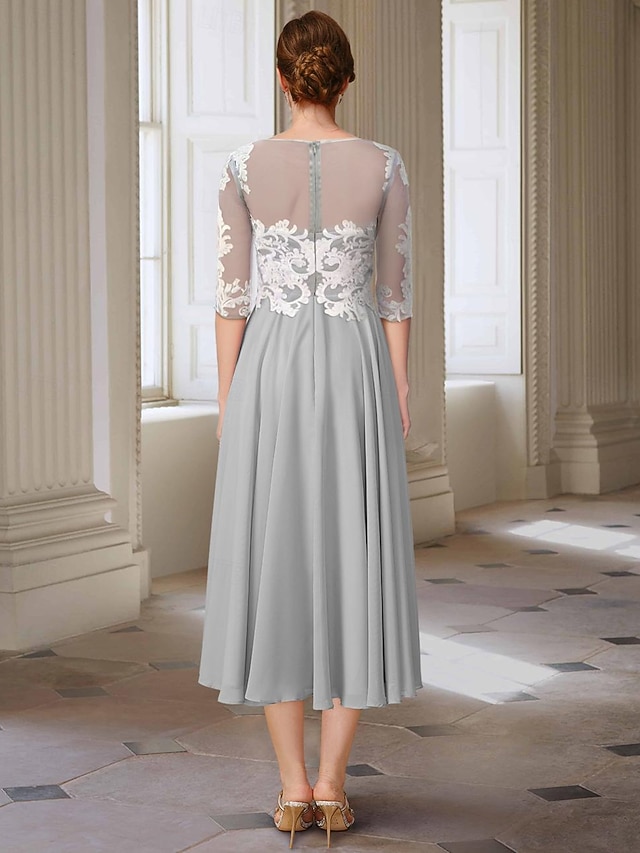 A-Line Mother of the Bride Dress Elegant Jewel Neck Asymmetrical Ankle ...