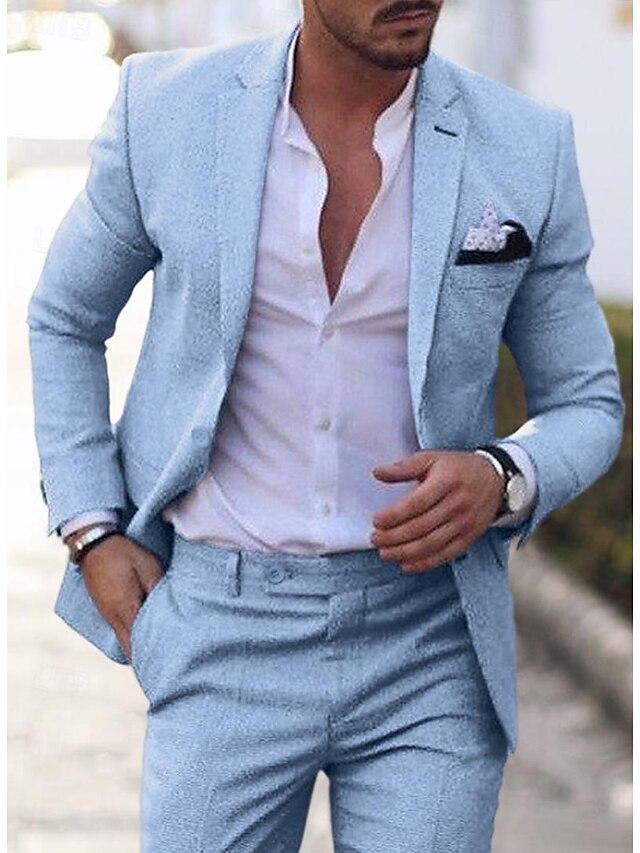 Sky Blue Light Blue Green Men's Linen Suits Wedding Beach Summer Solid ...