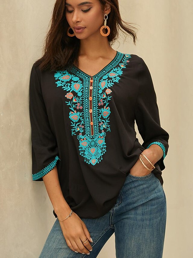 Women's Ethnic Embroidered Tunic Top Black with Turquoise Floral ...