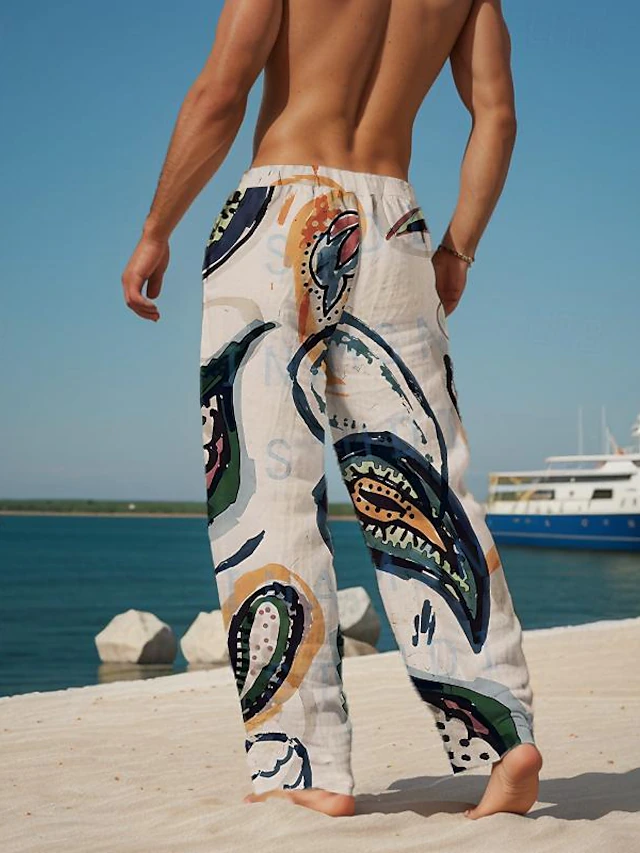 Mens Hawaiian Pants Trousers 3d Print Straight Leg Trousers Mid Waist