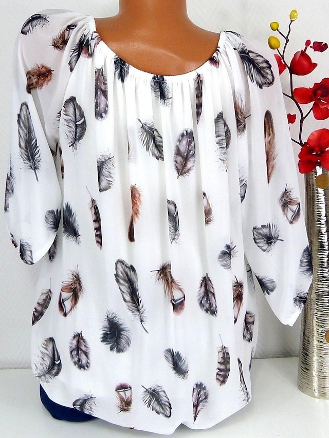 Women's Bohemian Blouse Feather Print Long Sleeve V-Neck Tie Strings ...