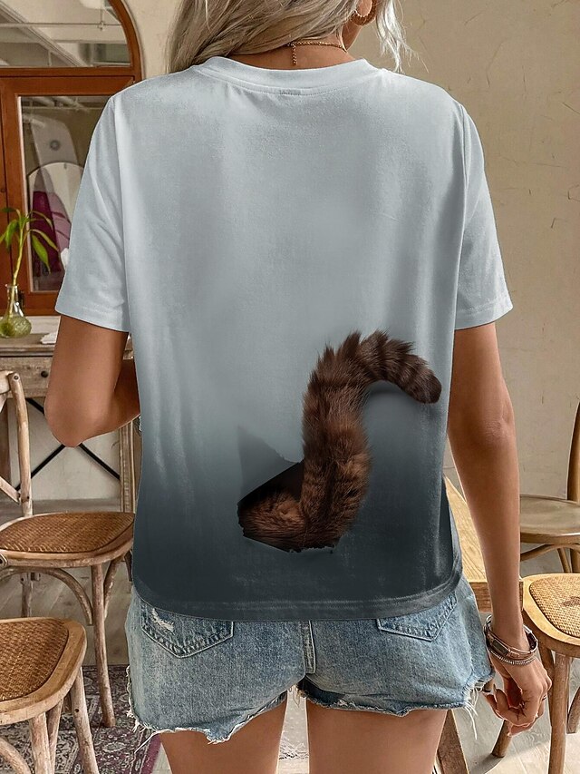 Women's T Shirt Fashion Cat Print Short Sleeve Regular Tops Round Neck ...