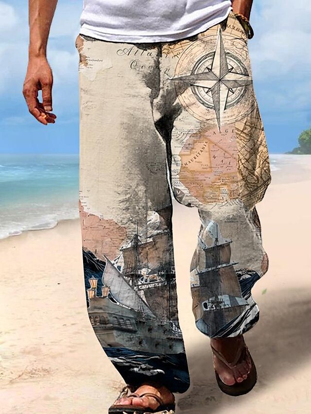 Mens Pants Trousers Mid Waist Drawstring Elastic Waist Hawaiian