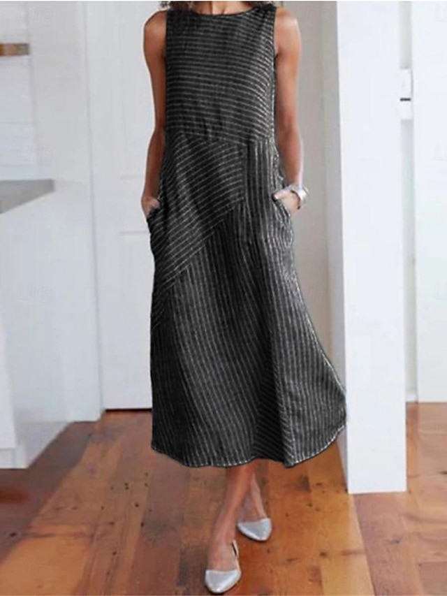 Mujer Vestido informal Vestido de lino de algodón Vestido de verano Vestido Midi Bolsillo ...